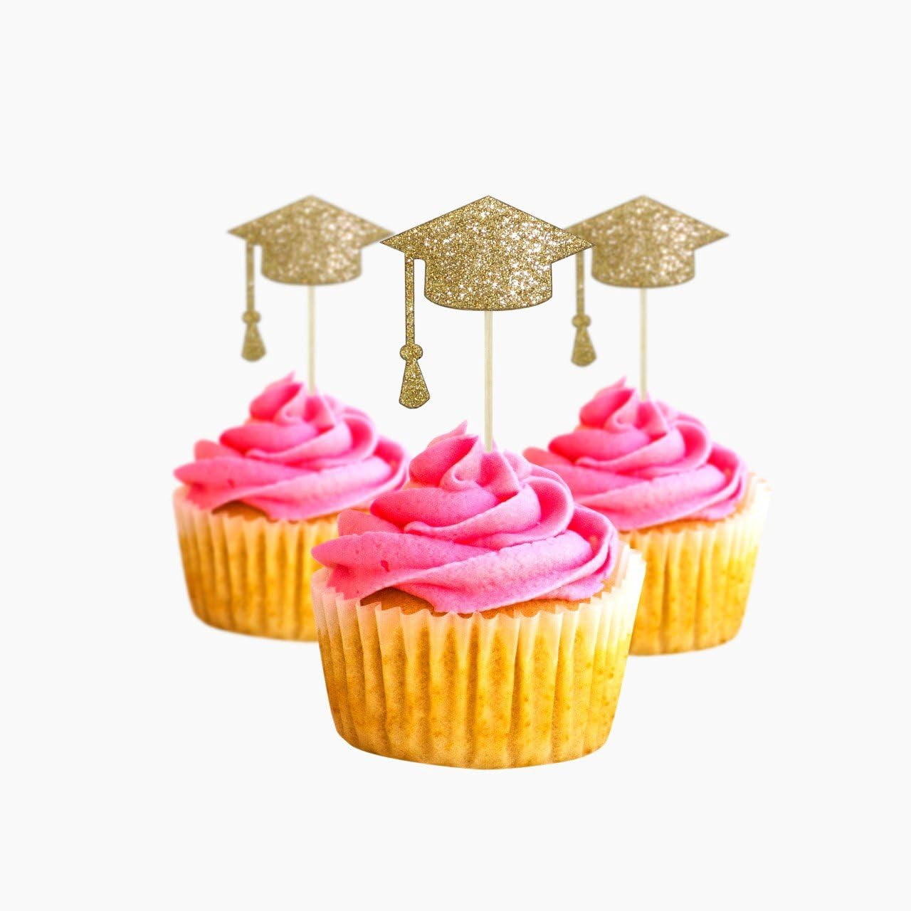 12Pcs Gold Glitter Graduation Cap Cupcake Toppers, Mortarboard Hat ...