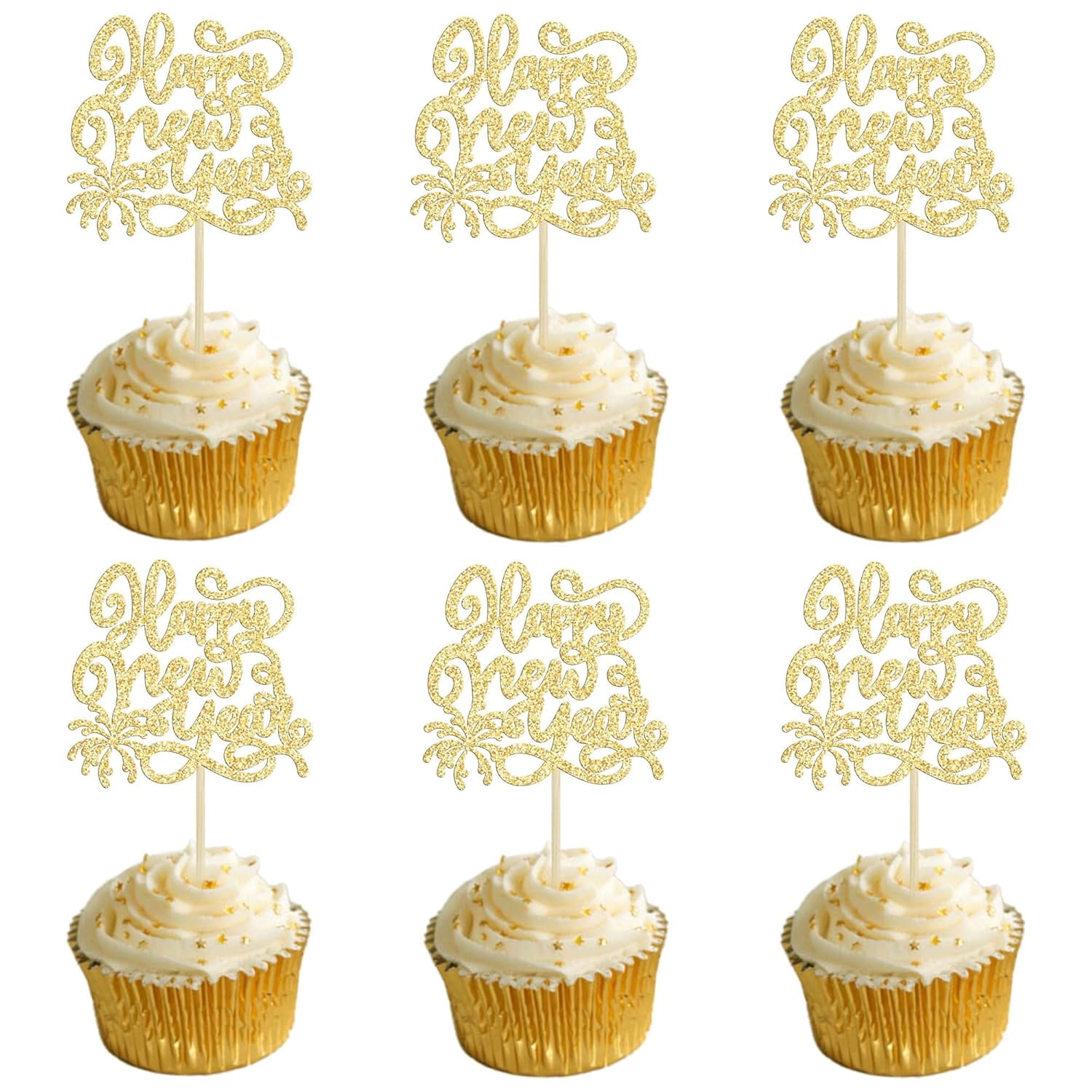 12Pcs Gold Glitter Happy New Year Cupcake Toppers, Firework Design ...