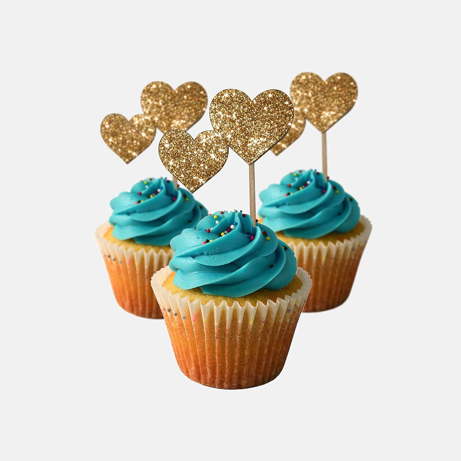 12Pcs Gold Glitter Multi‑Size Heart Cupcake Toppers, Double Heart ...