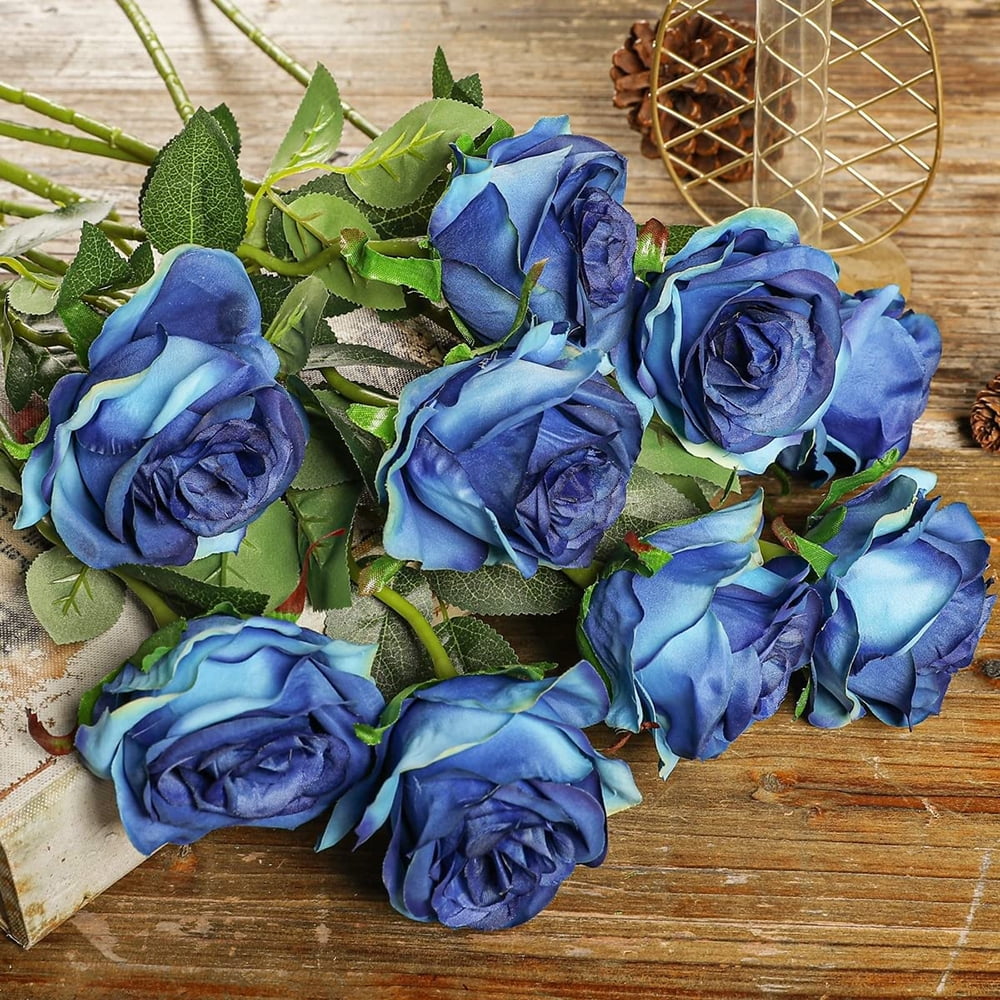 12Pcs Gradient Blue Roses Artificial Flowers, Realistic Single Stem ...