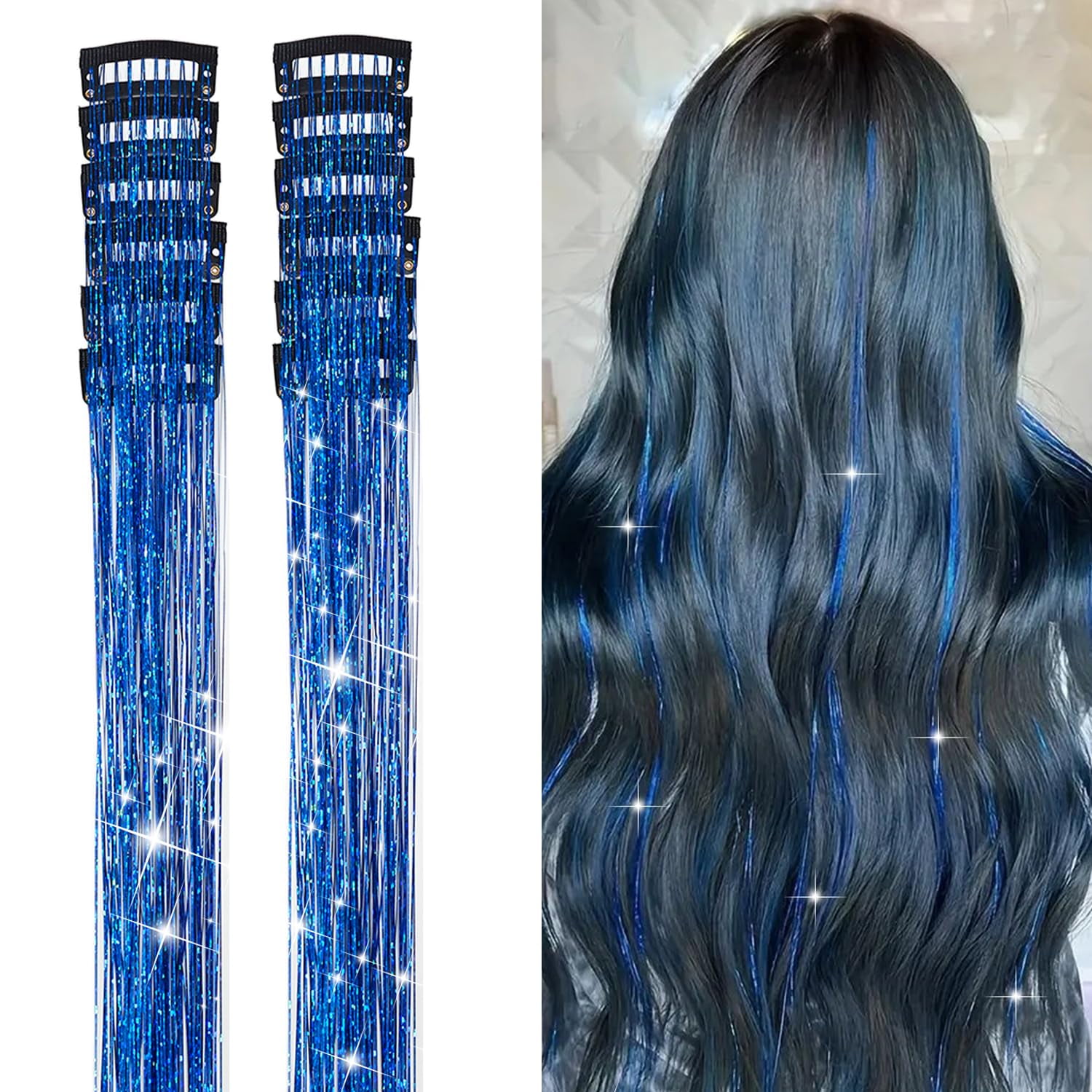 12Pcs Hair Tinsel Clip in 19.6Inch Glitter Tinsel Hair Extensions Clip ...