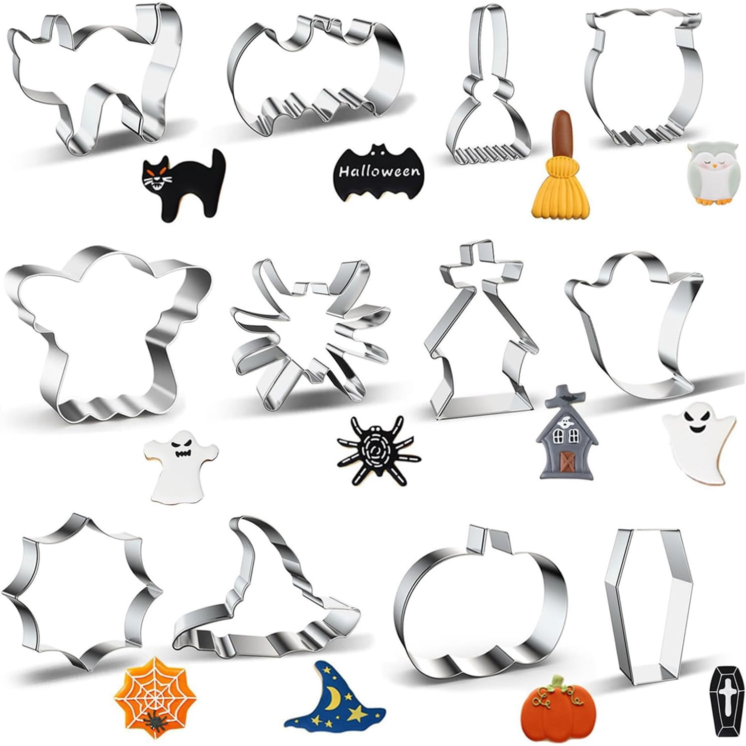 12Pcs Halloween Cookie Cutters Set, Pumpkin Ghost Bat Cat Skull Spider ...