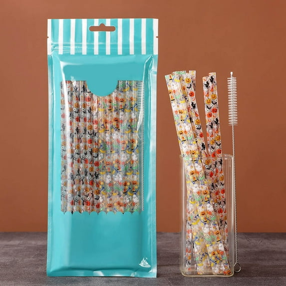 12Pcs Halloween Reusable Plastic Straws with Straw Cleaning Brush ...