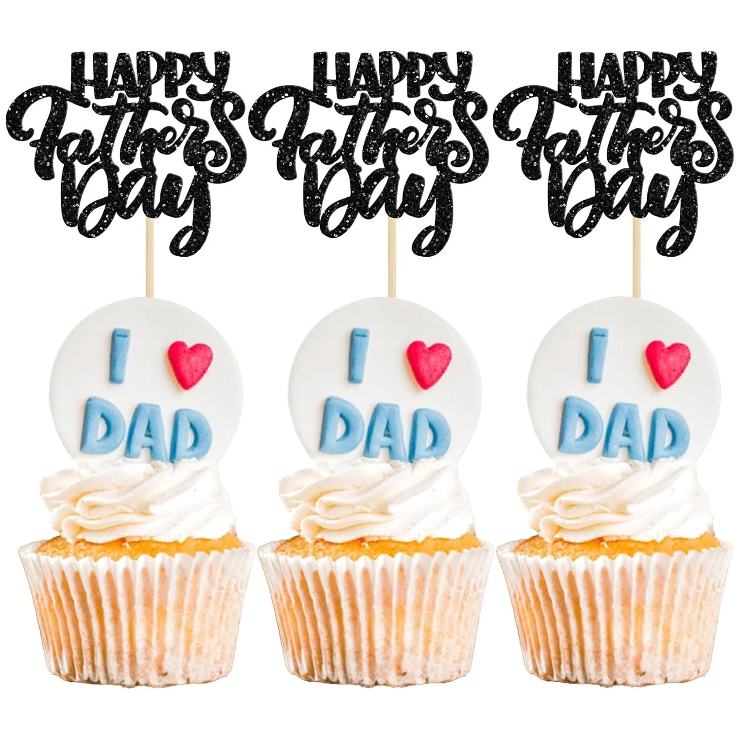 12Pcs Happy Father's Day Cupcake Toppers, Black Glitter Cupcake Picks ...