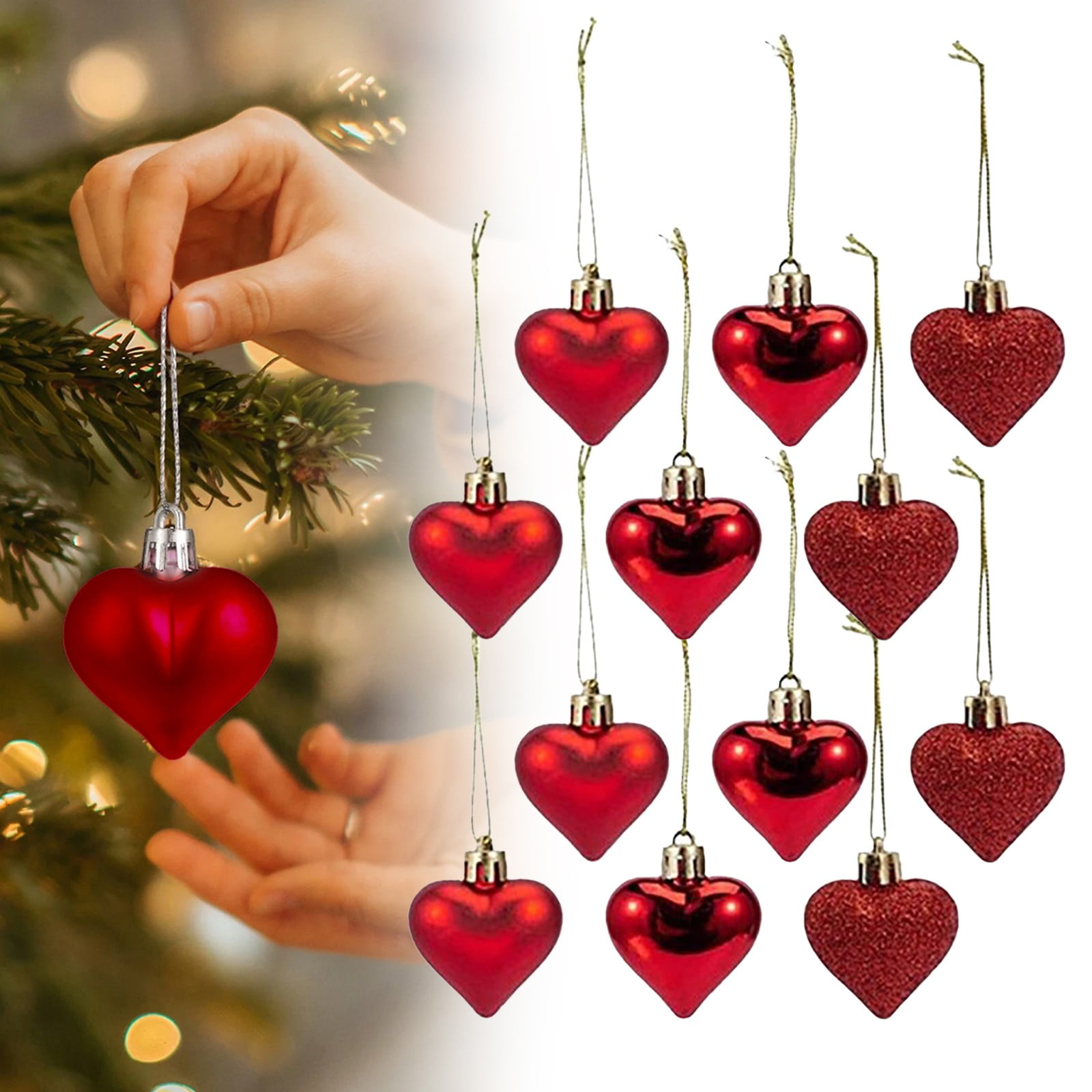 12Pcs Heart-Shaped Hanging Ornaments Multi Finish Red Baubles For ...