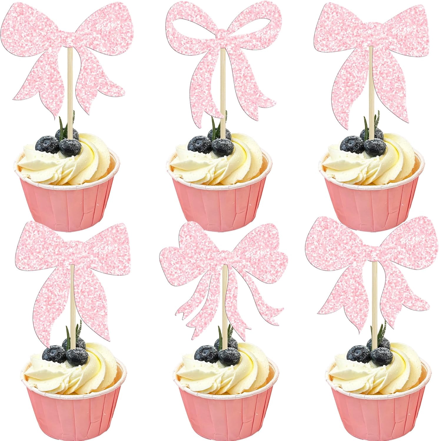 12Pcs Light Pink Glitter Bow Cupcake Toppers, Bow Shaped Cupcake Picks ...