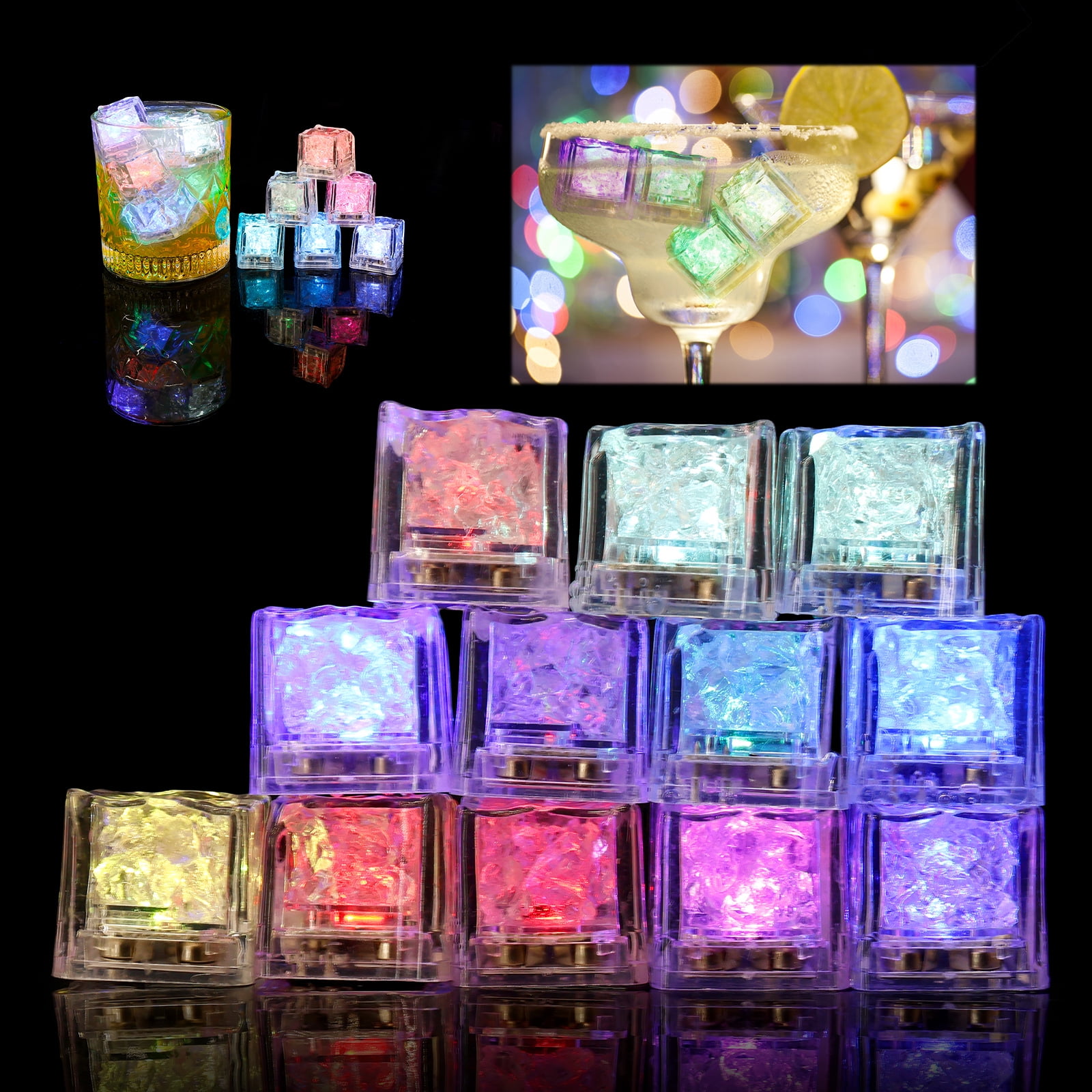 12Pcs Light Up Ice Cube IP67 Waterproof Water Activated LED Glowing Ice ...