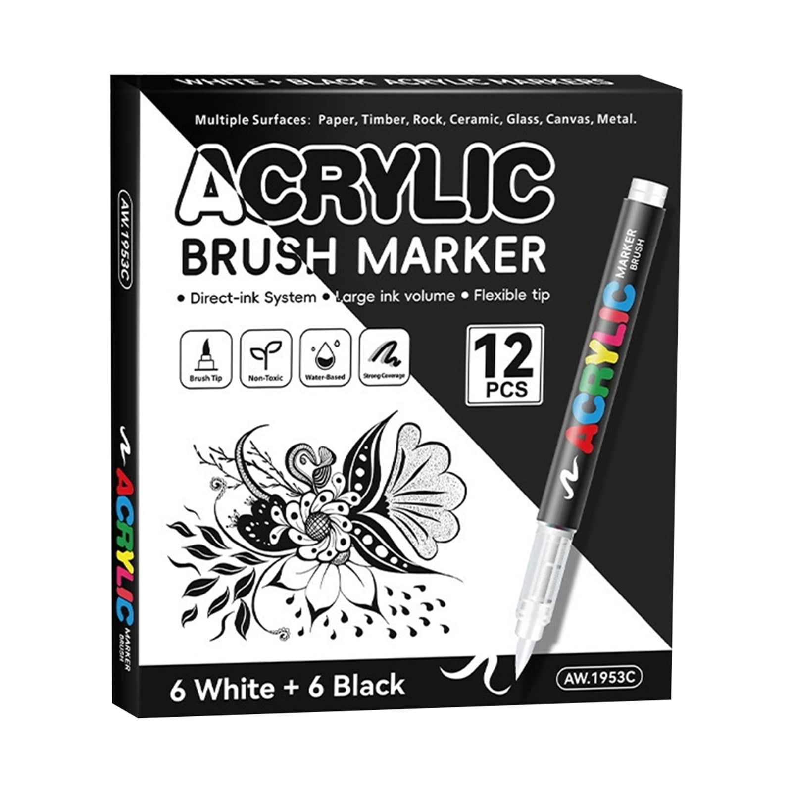 12Pcs Liquid Acrylic Paint Marker White/Black Acrylic Paint Pen with ...