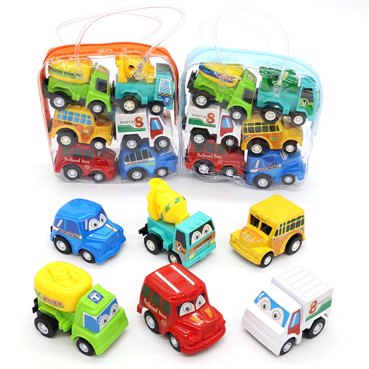 12Pcs Mini Toy Cars Pull Back Car Play Set Cartoon Vehicle Trucks Baby ...