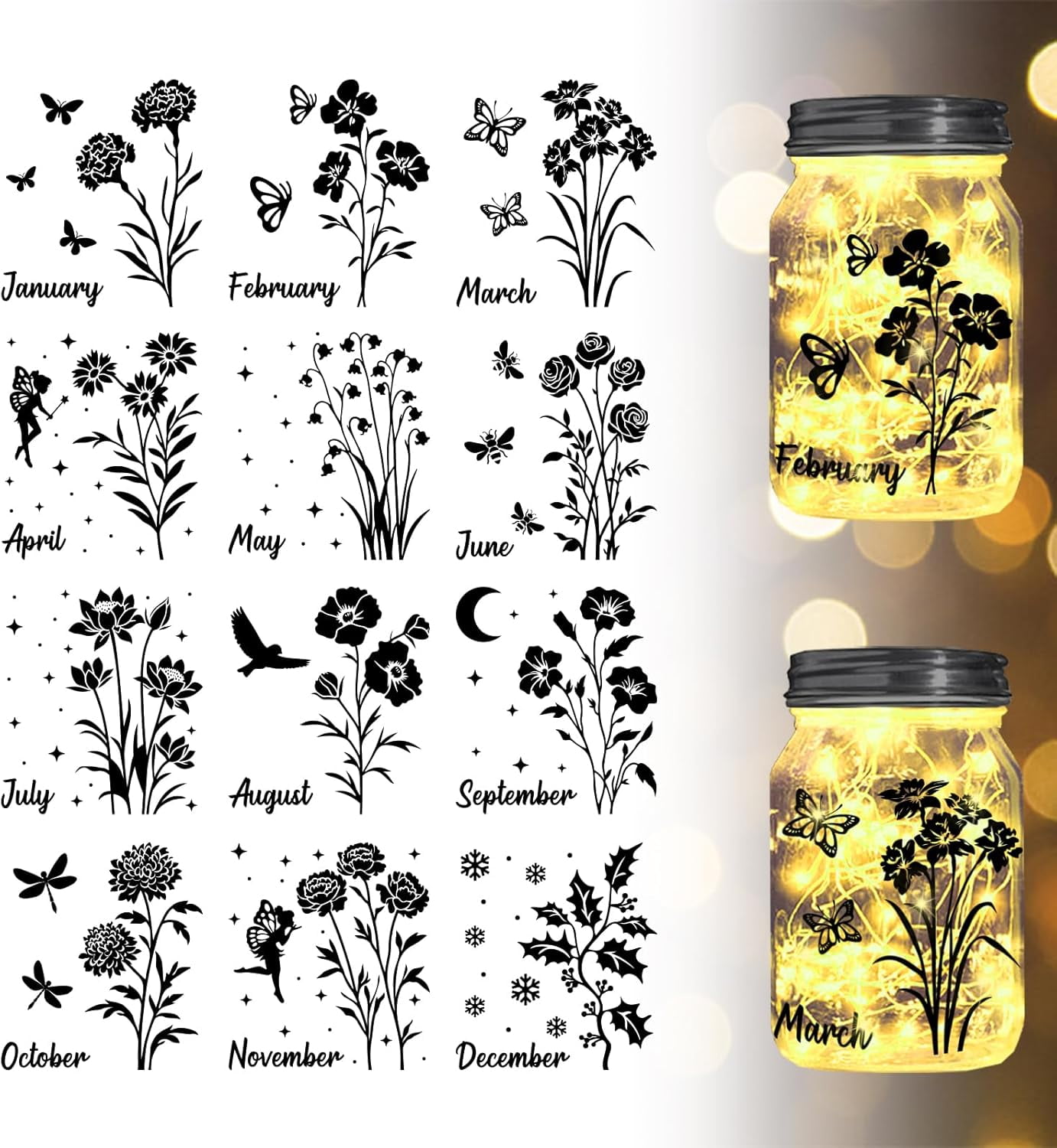 12Pcs Monthly Flowers Silhouette Jar Cutouts Butterfly Fairy Flowers ...