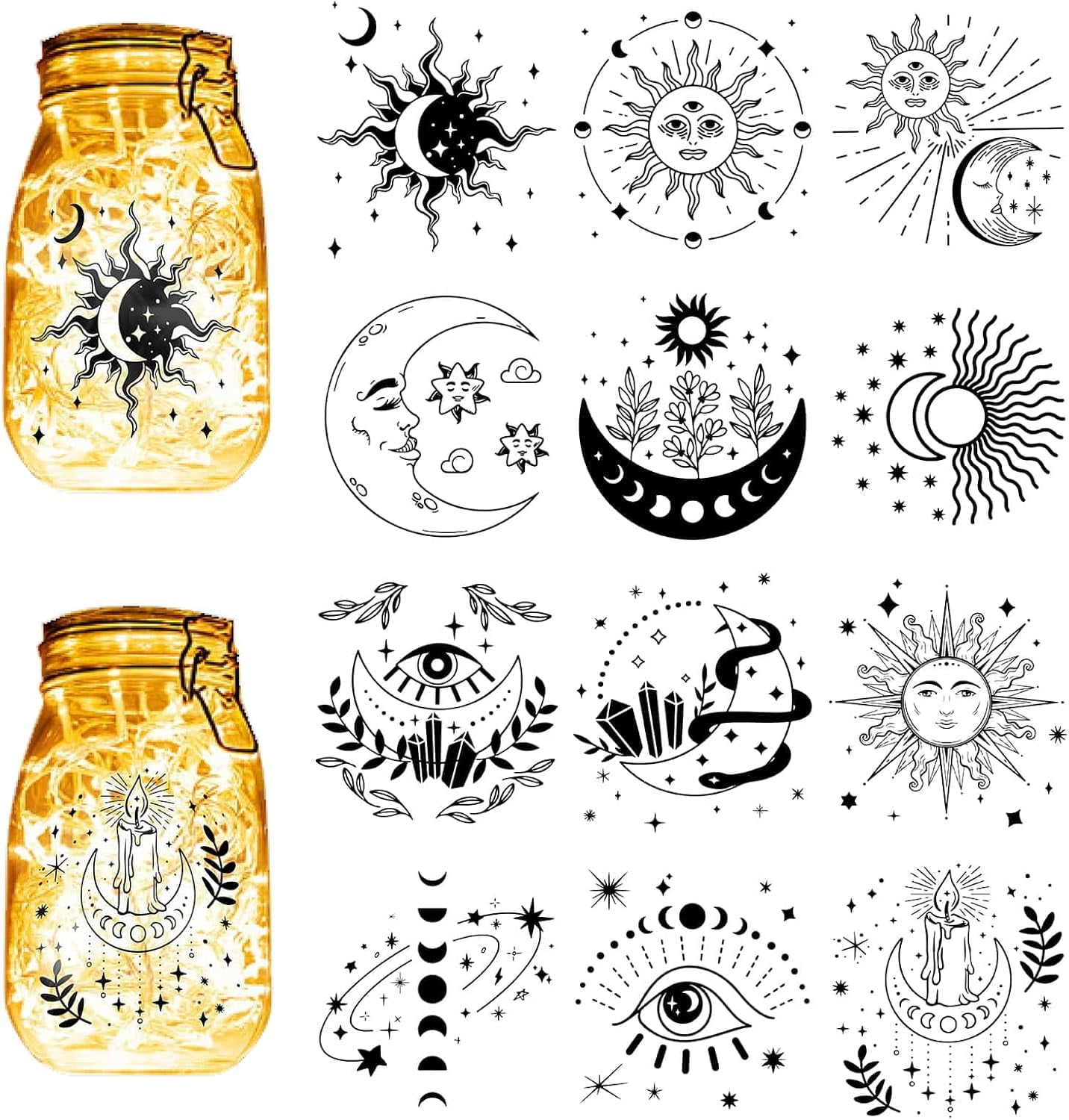 12Pcs Moon Phase Silhouettes Mason Jar Decor Sun Star Lantern Laser ...