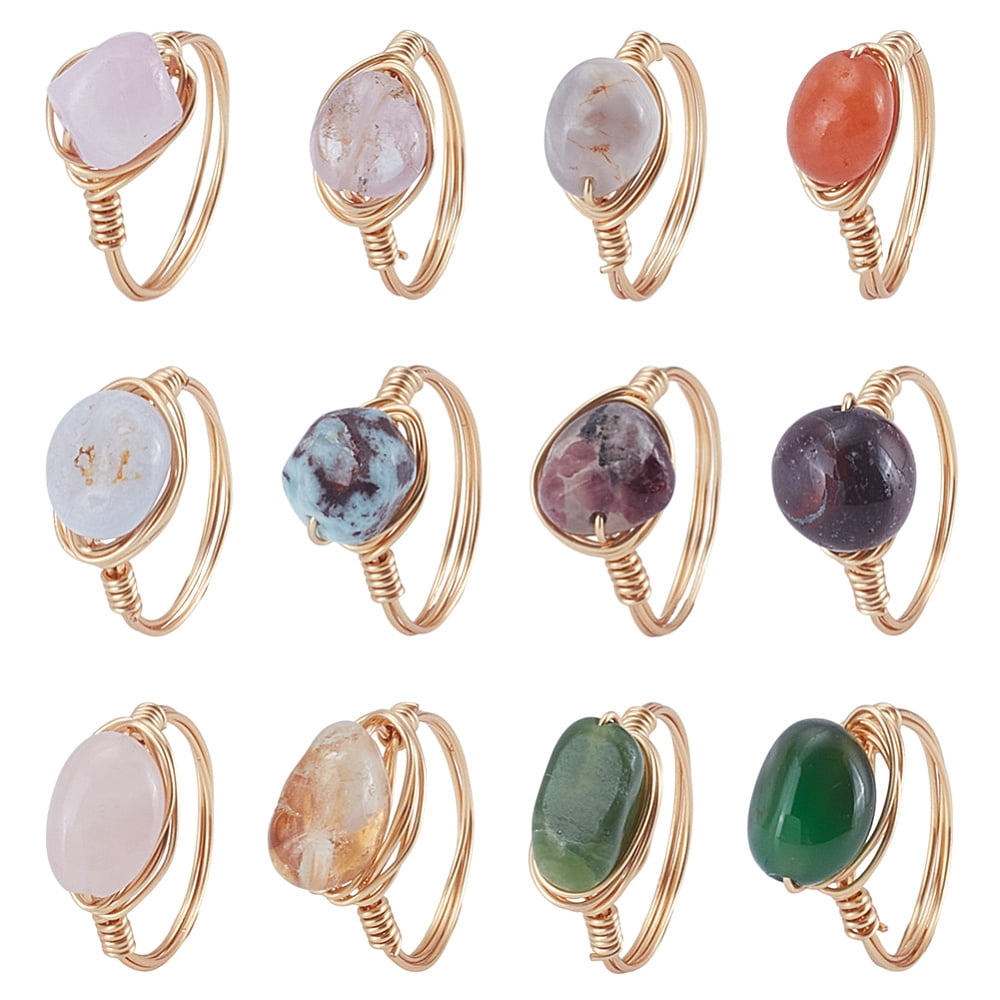 12Pcs Natural Gemstone Finger Rings with Copper Wire Golden 1.2mm Inner ...