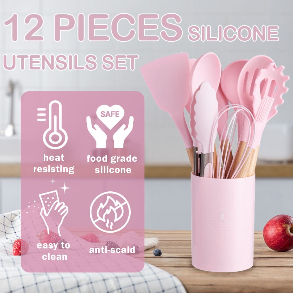 12Pcs Non-Stick Silicone Kitchen Utensil Set with Wooden Handles - Safe ...