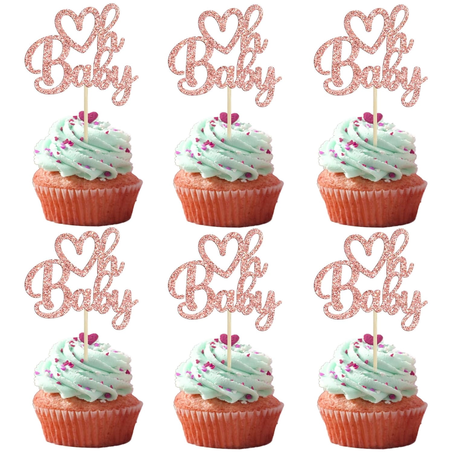 12Pcs Oh Baby Cupcake Toppers, Rose Gold Glitter "Oh Baby" with Heart ...