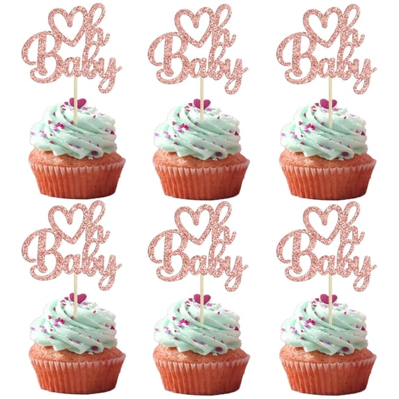 12Pcs Oh Baby Cupcake Toppers, Rose Gold Glitter "Oh Baby" with Heart ...