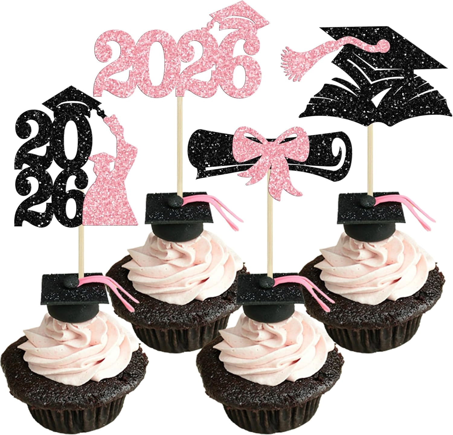 12Pcs Pink & Black Glitter 2026 Graduation Cupcake Toppers, Grad Cap ...