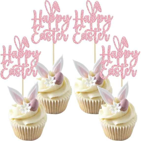12Pcs Pink Glitter Happy Easter Cupcake Toppers, Bunny Ear Themed Cake ...