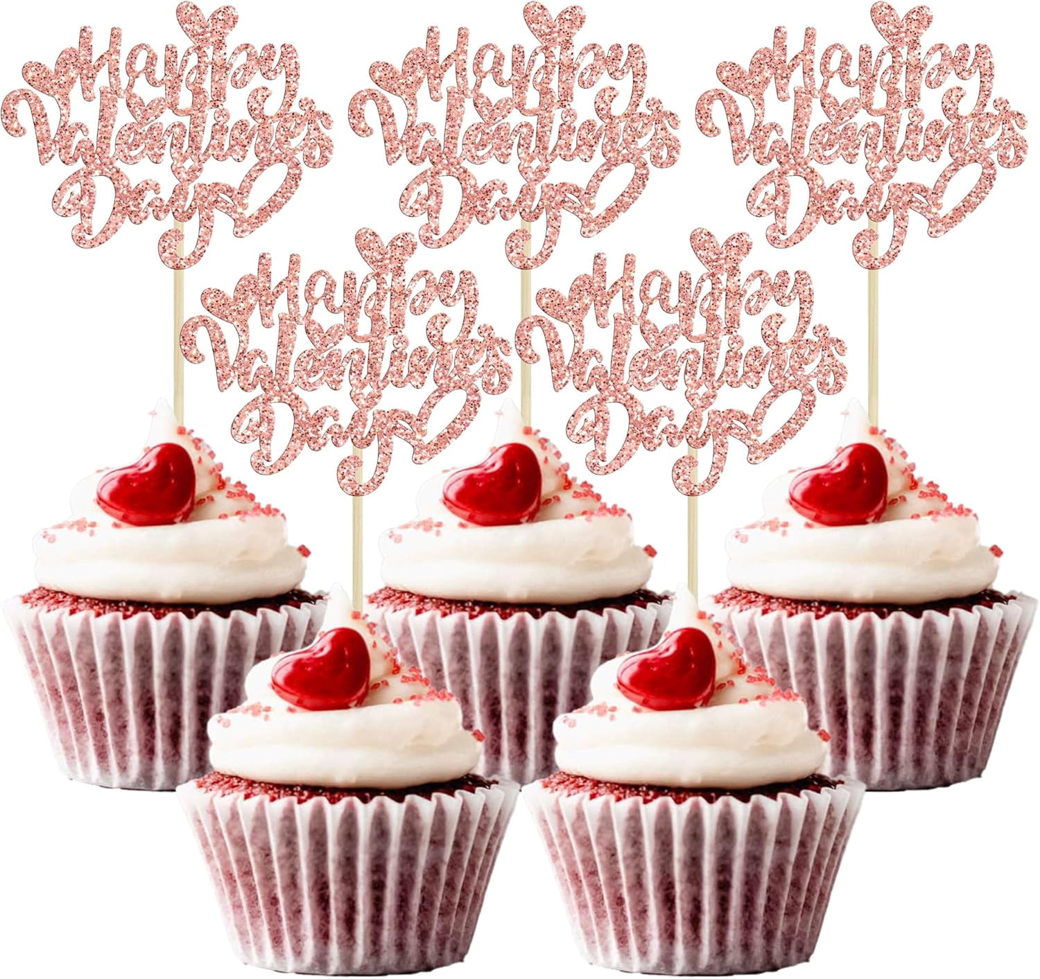 12Pcs Pink Glitter "Happy Valentine's Day" Cupcake Toppers, Themed Cake ...