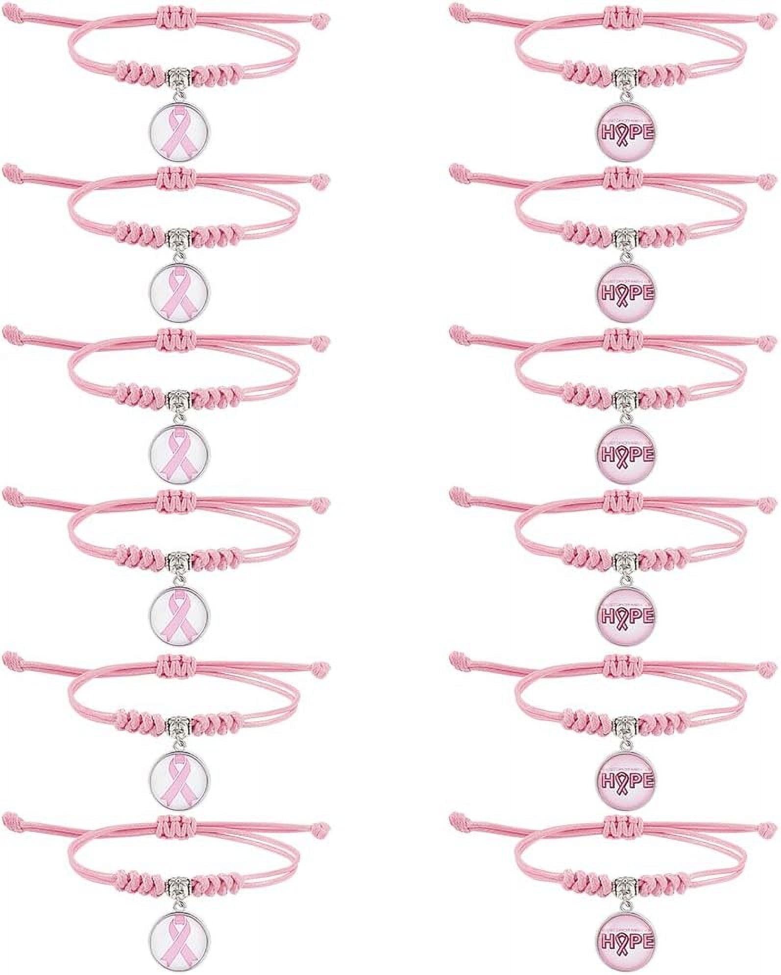 12Pcs Pink Ribbon Bracelets Breast Cancer Awareness Glass Charms ...