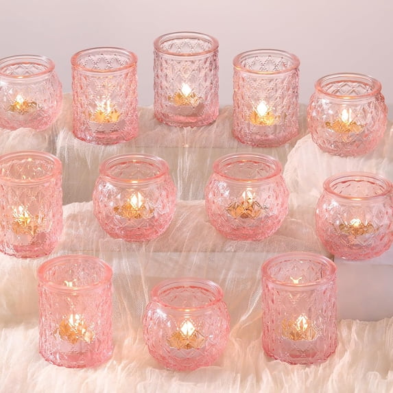 12Pcs Pink Votive Candle Holders- Glass Candle Holders Bulk for ...
