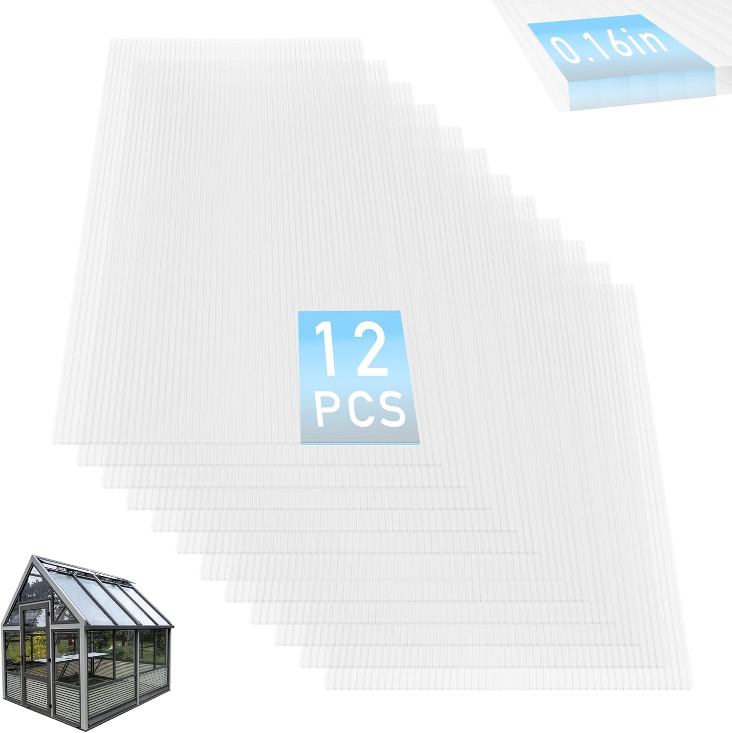 12Pcs Polycarbonate Greenhouse Panels, 4' x 2' x 0.16'' Twin-Wall Polycarbonate Sheet Waterproof ...