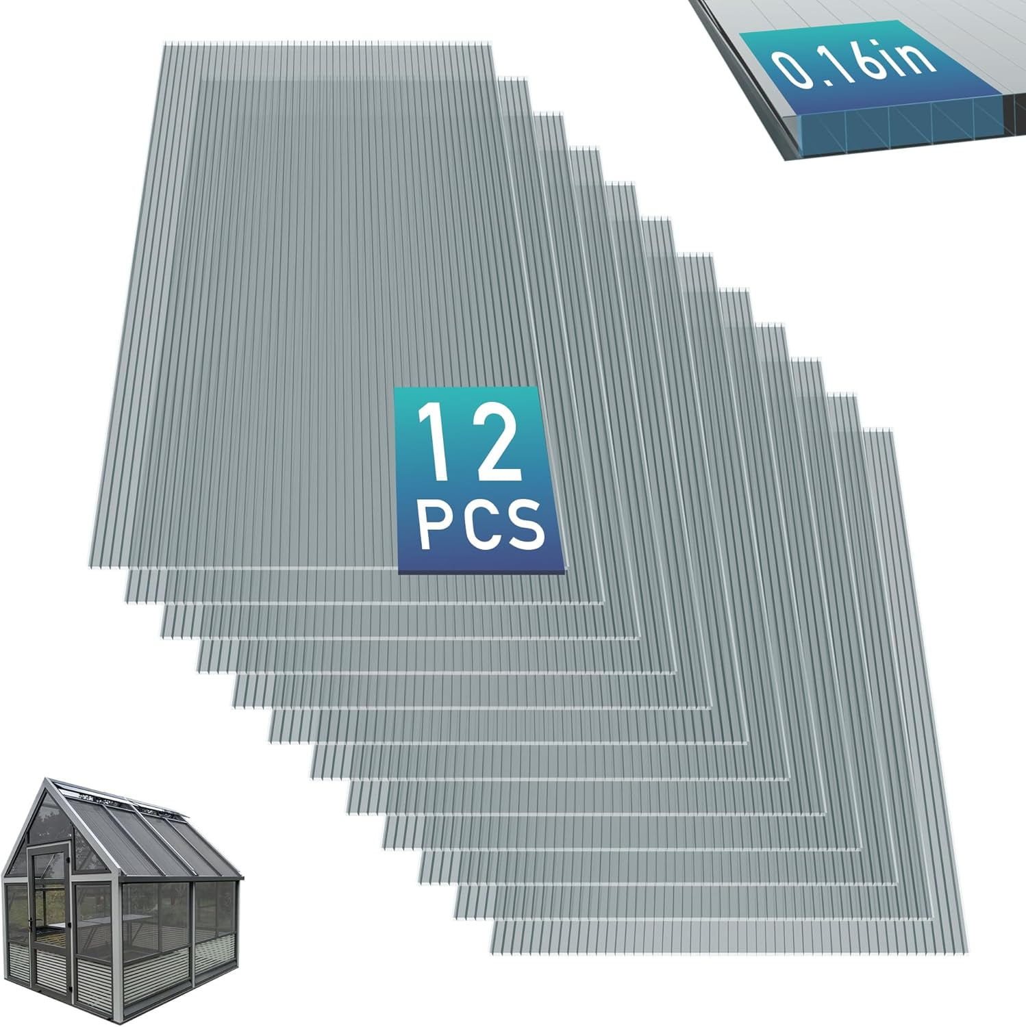 12Pcs Polycarbonate Greenhouse Panels, 4' x 2' x 0.16''Twin-Walled Waterproof and UV-protected ...
