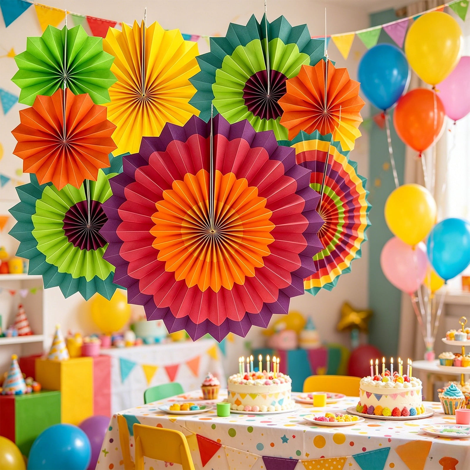 12Pcs Rainbow Paper Fan Flower Set, Birthday Party Hanging Paper ...