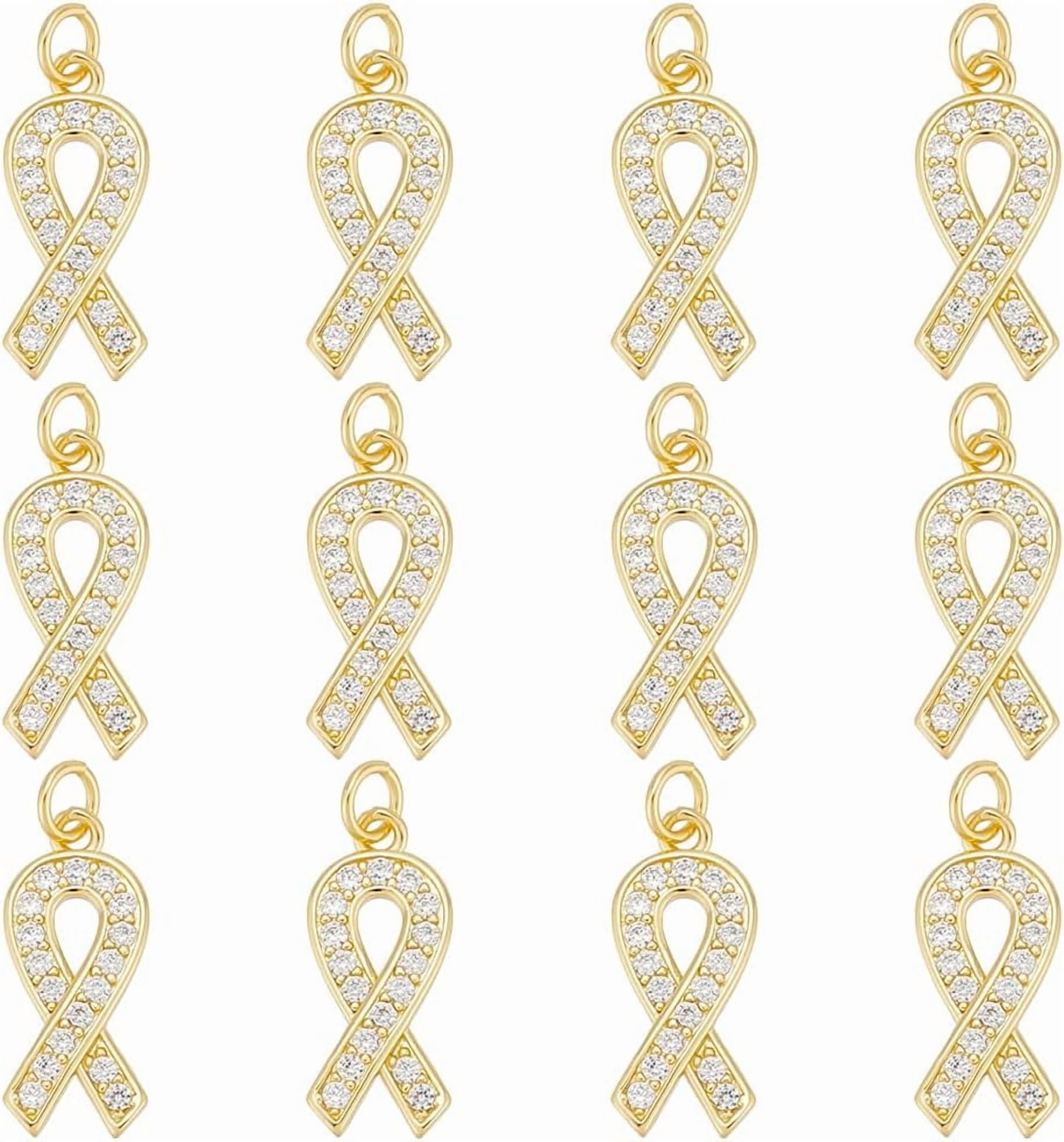 12Pcs Real 18K Gold Plated Awareness Ribbon Charm Golden Brass Breast ...