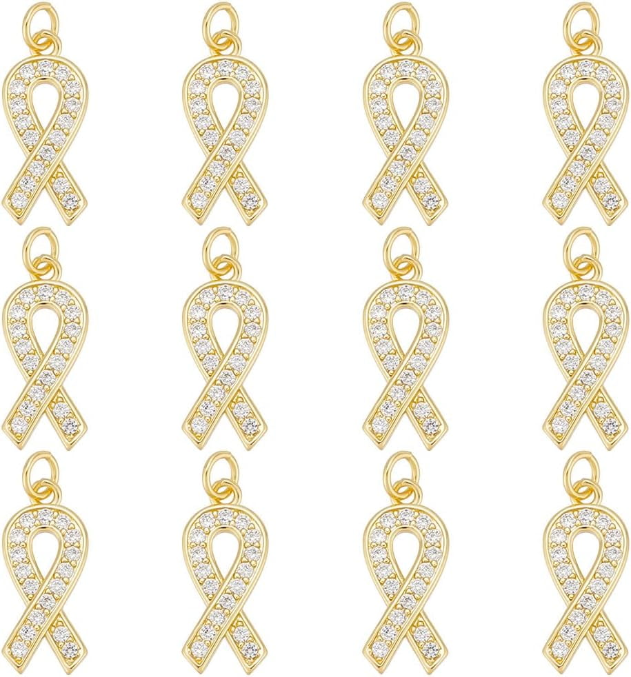 12Pcs Real 18K Gold Plated Awareness Ribbon Charm Golden Brass Breast ...