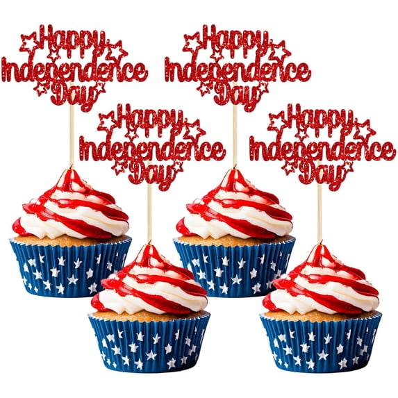 12Pcs Red Glitter "Happy Independence Day" Cupcake Toppers for 4th of ...