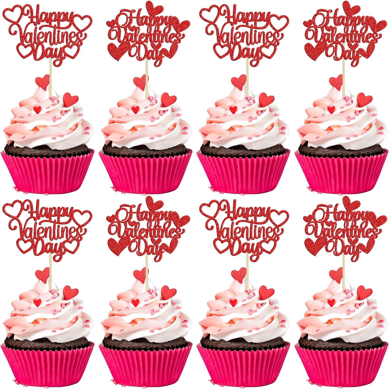 12Pcs Red Glitter "Happy Valentine's Day" Cupcake Toppers, Themed Cake ...