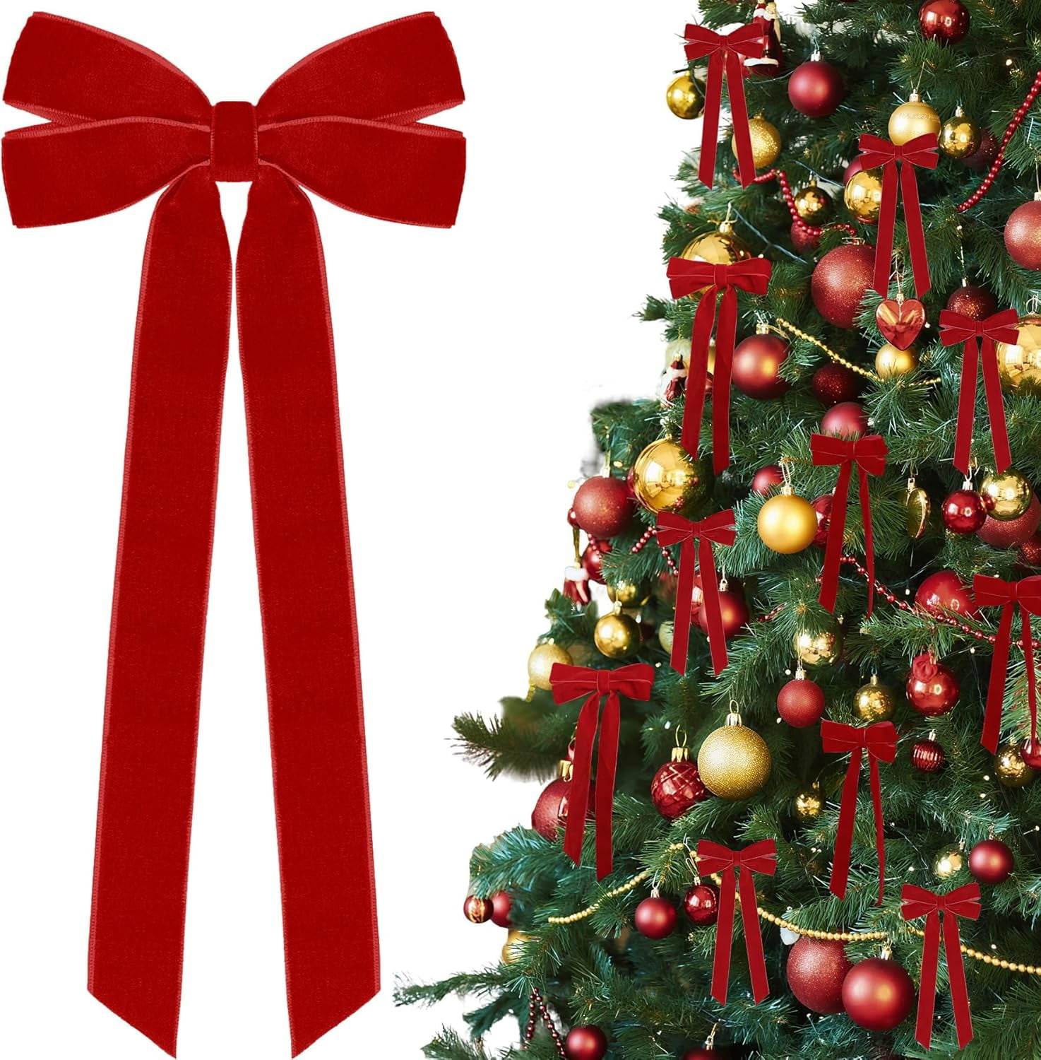 12Pcs Red Velvet Ribbon Bows Christmas Tree Decorations,5in x 10in Xmas ...