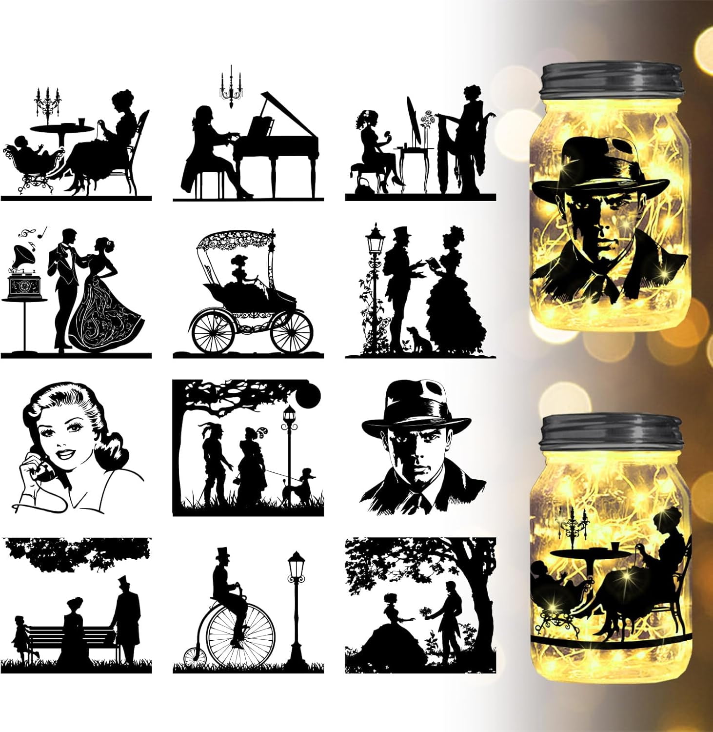 12Pcs Retro Characters Silhouette Jar Cutouts Men Women Scenes Plastic ...