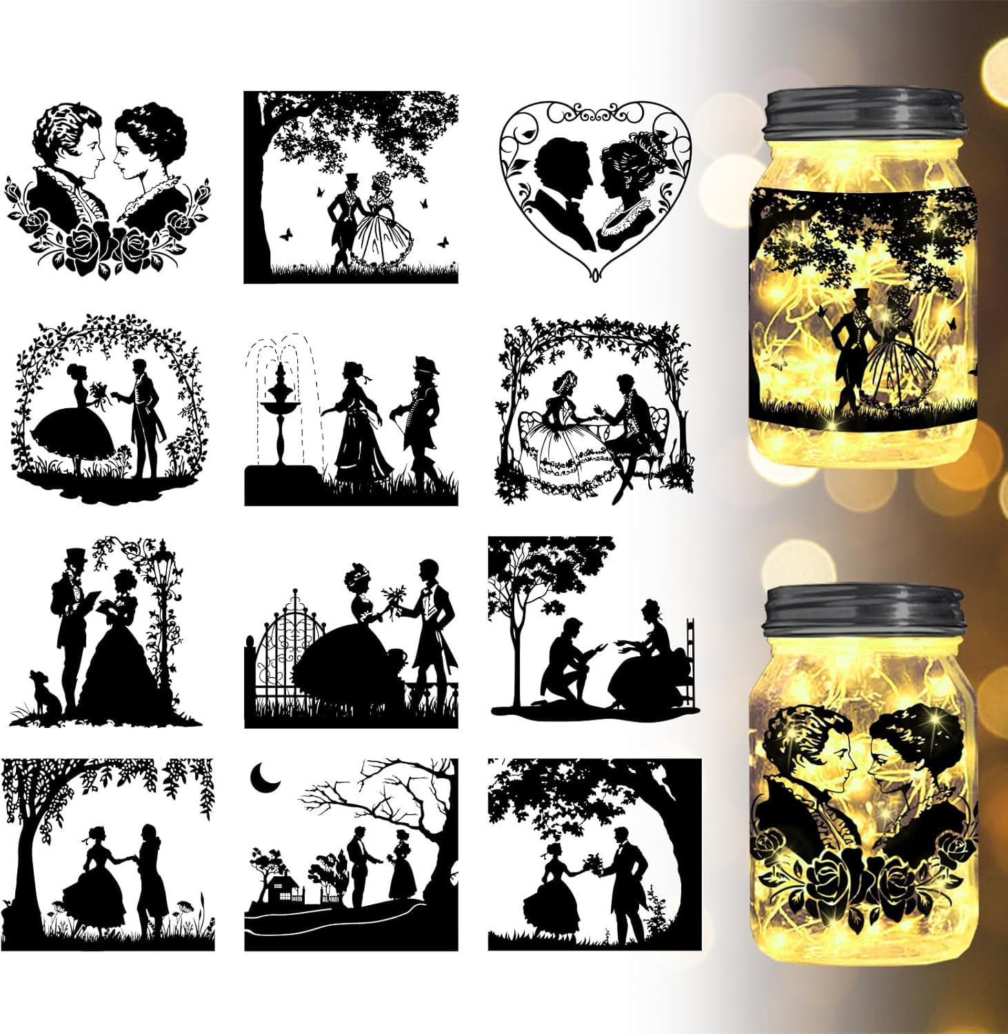 12Pcs Retro Lovers Silhouette Jar Cutouts Couple Wedding Plastic ...