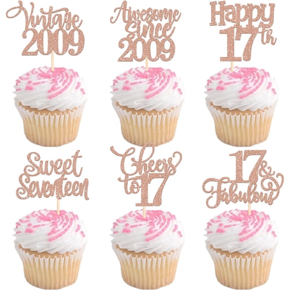12Pcs Rose Gold Glitter 17th Birthday Cupcake Toppers, Vintage 2009 ...