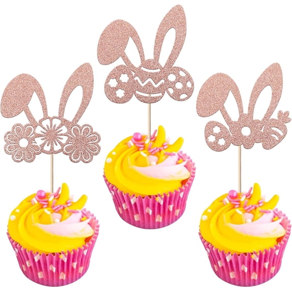 12Pcs Rose Gold Glitter Bunny Ear Cupcake Toppers, Easter Egg Themed ...
