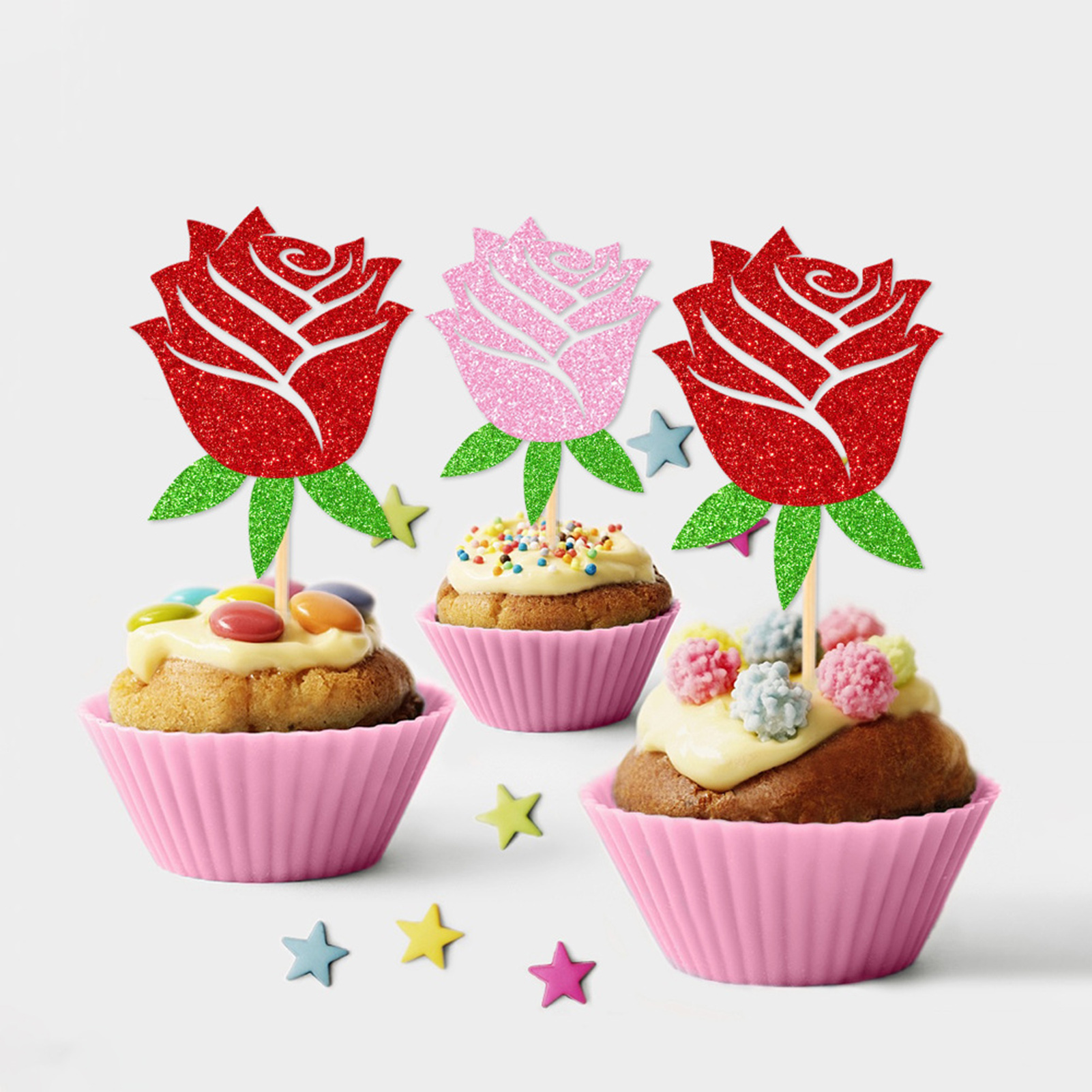 12Pcs/Set Beautiful Rose Shape Cake Topper Handmade Festive Touch Wood ...