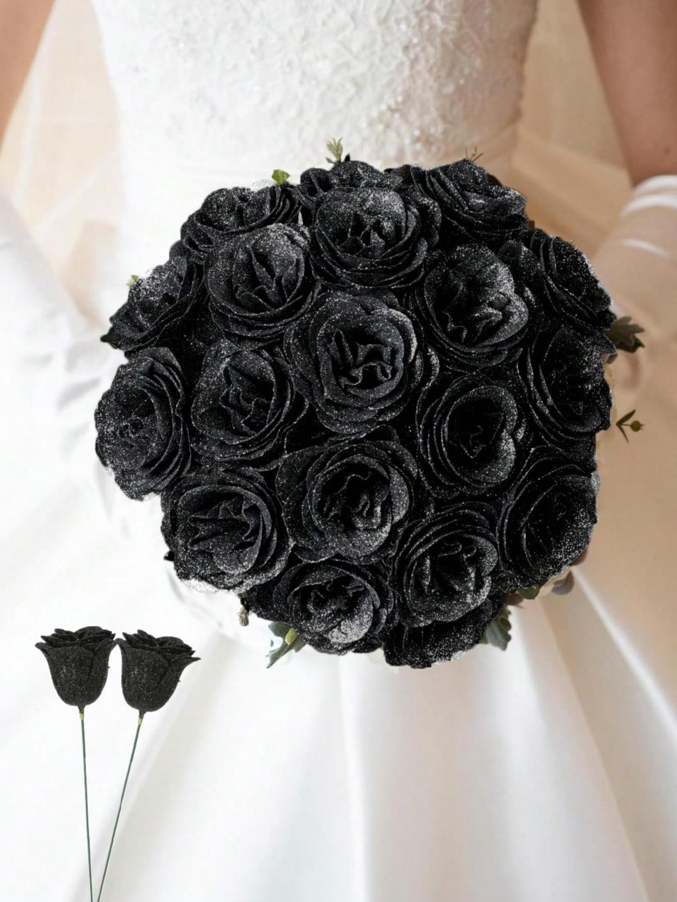 12Pcs/Set Glitter Roses Bouquet, Black Plastic Artificial Rose ...