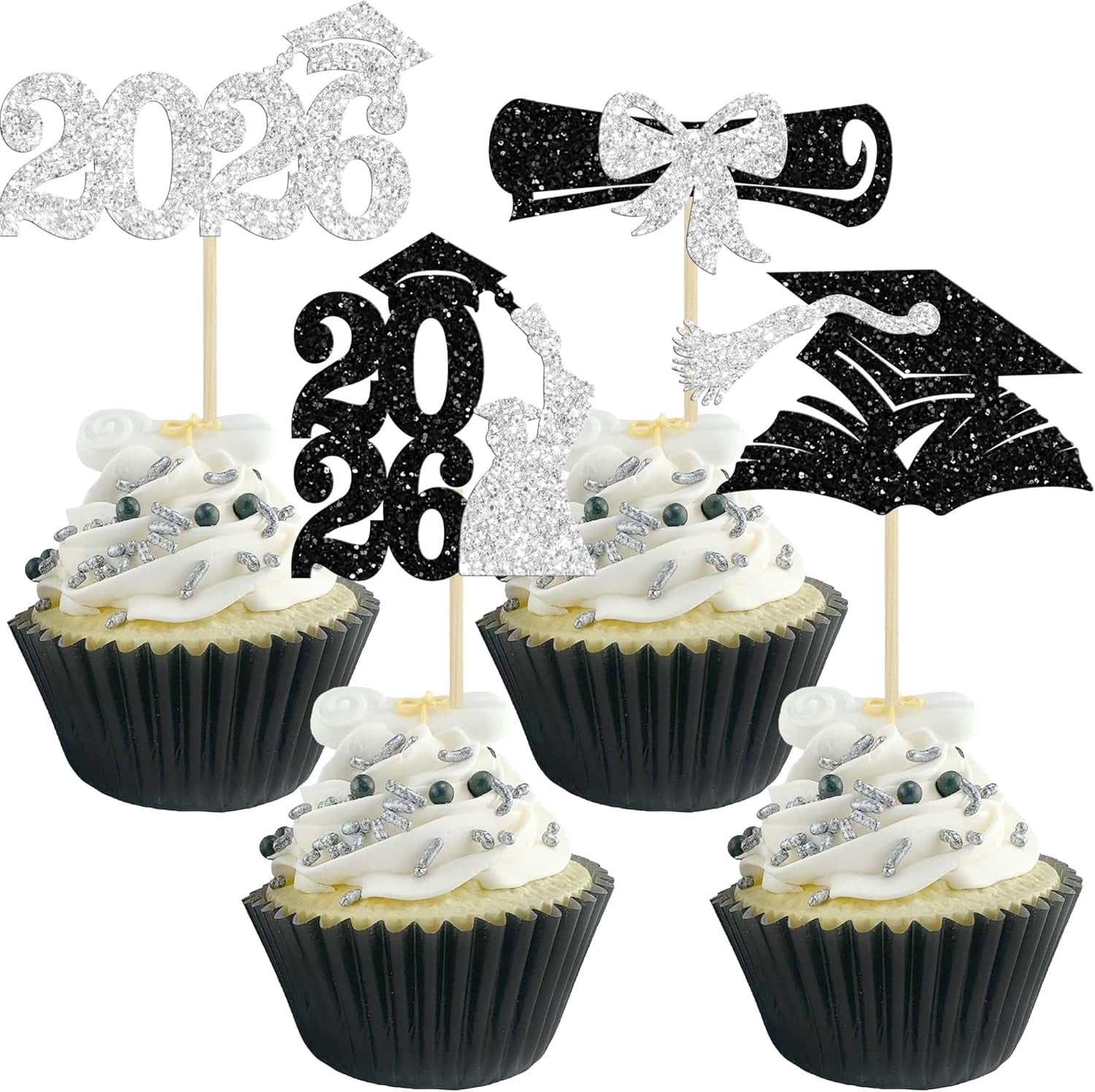 12Pcs Silver & Black Glitter 2026 Graduation Cupcake Toppers, Grad Cap ...