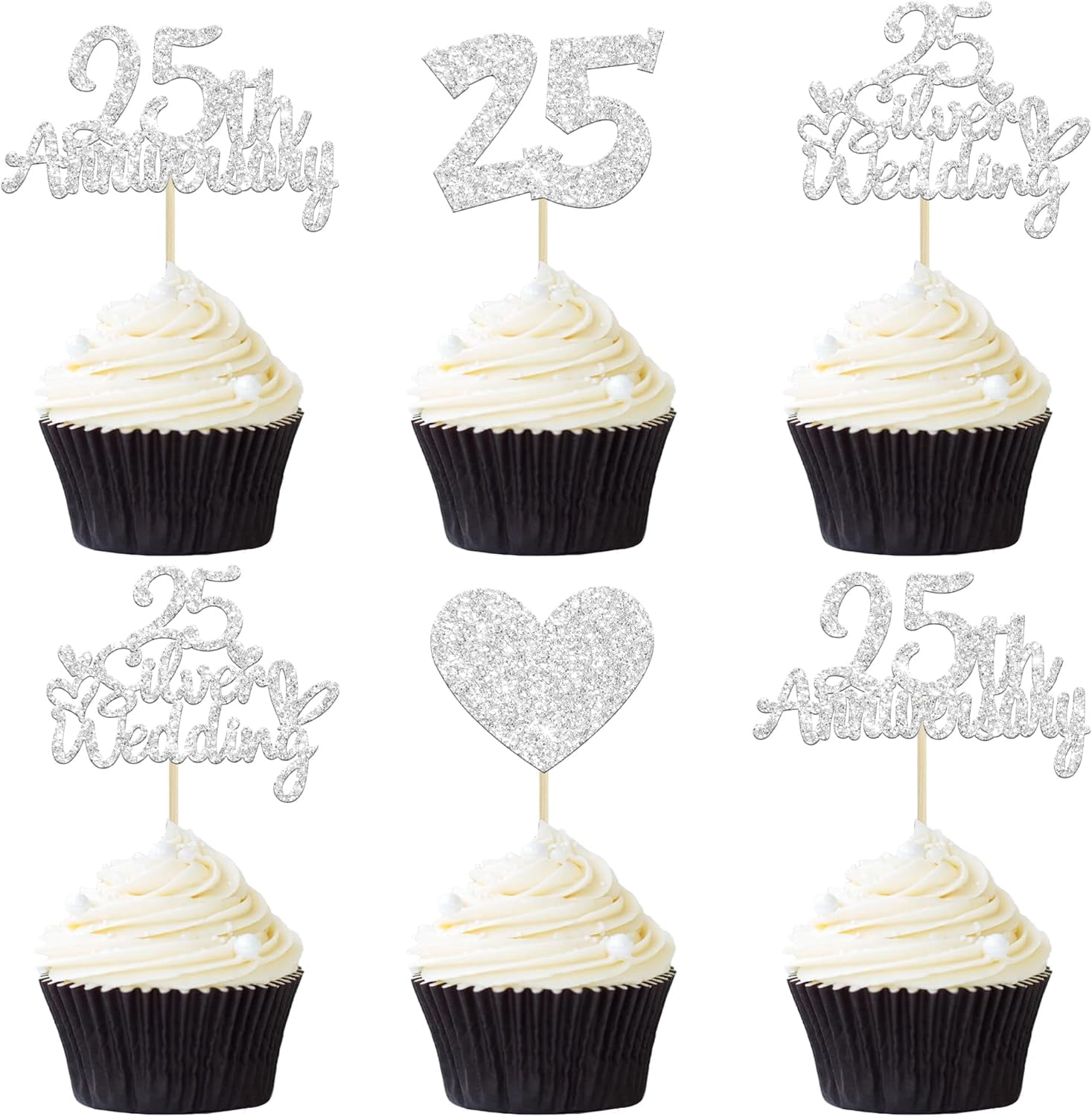 12Pcs Silver Glitter 25th Anniversary Cupcake Toppers, "Silver Wedding ...