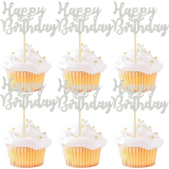 12Pcs Silver Glitter Happy Birthday Cupcake Toppers, Birthday Party ...