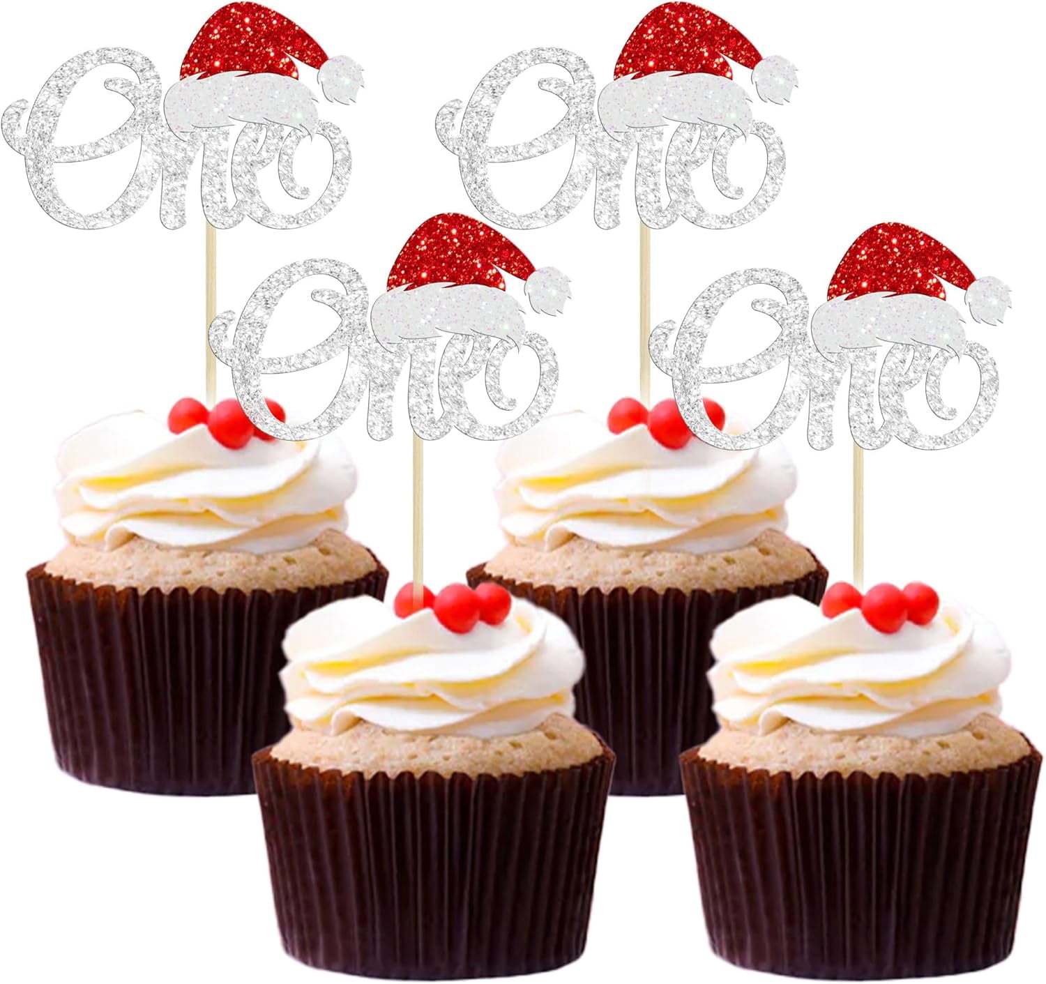 12Pcs Silver Glitter "One" Cupcake Toppers with Santa Hat, Christmas ...