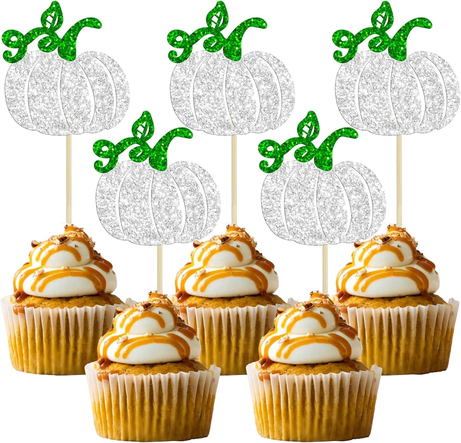 12Pcs Silver Glitter Pumpkin Cupcake Toppers with Green Stem, Fall ...