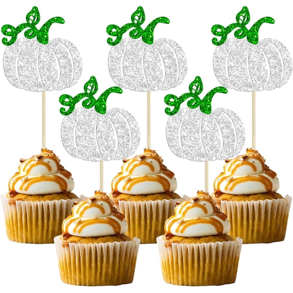 12Pcs Silver Glitter Pumpkin Cupcake Toppers with Green Stem, Fall ...