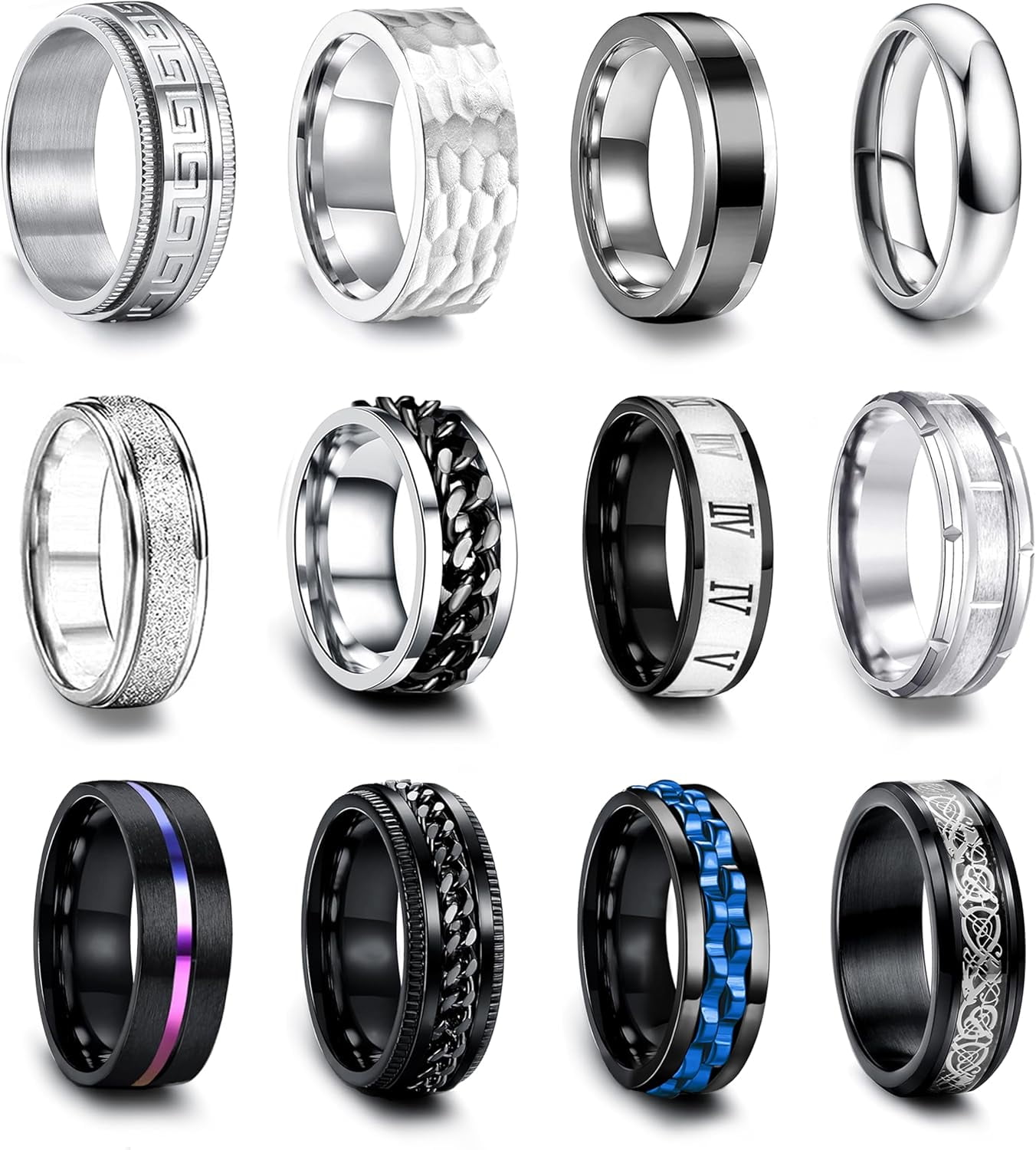 12Pcs Stainless Steel Band Rings for Men Women Cool Fidget Spinning ...