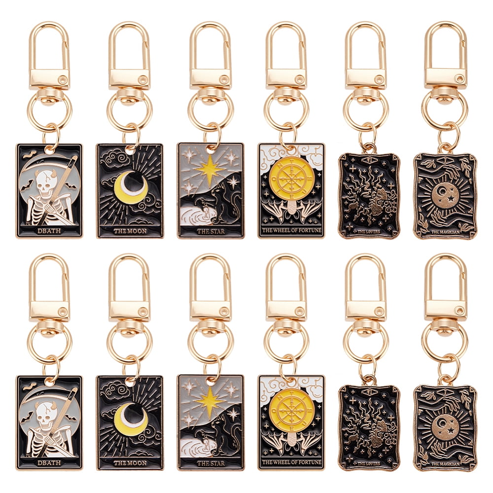 12Pcs Tarrot Card Keychain 6 Style Gold Black Tarrot Key Ring Alloy ...