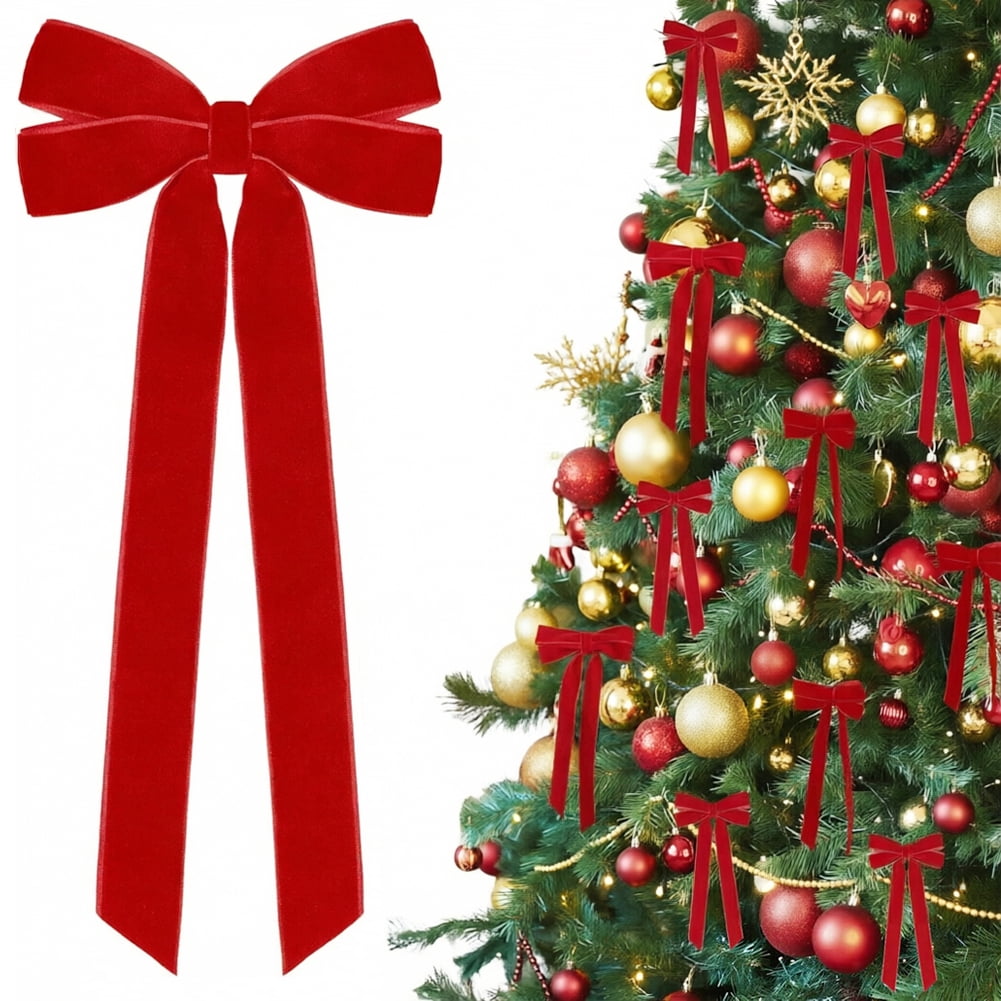 12Pcs Velvet Ribbon Bows Christmas Tree Decorations, 5in x 10in Xmas ...