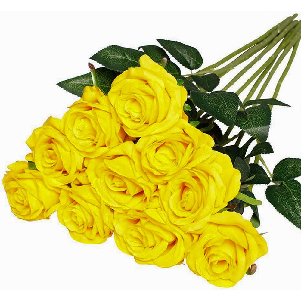 12Pcs Yellow Artificial Rose Flowers, Realistic Blossom Fake Roses with ...