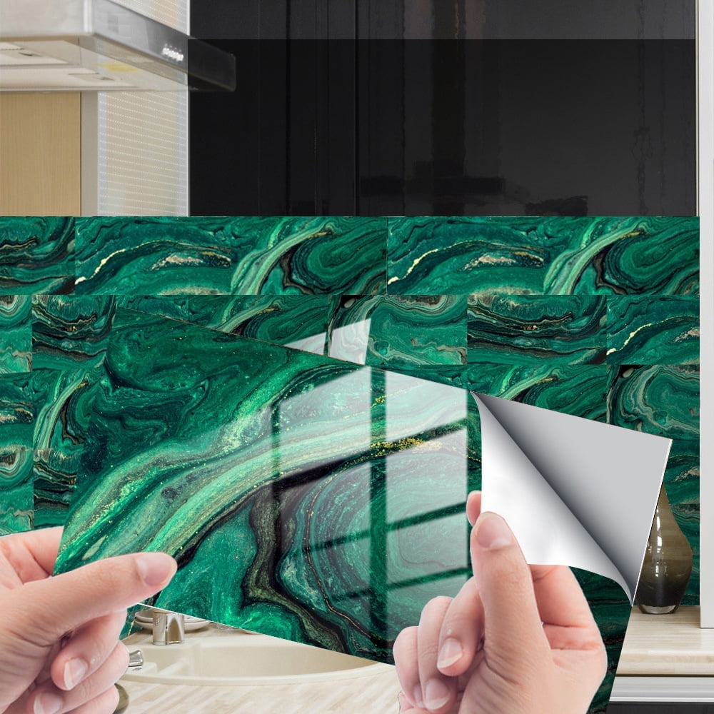 12Piece Waterproof Peel and Stick Green Wall Stickers 6x12inch Marbling ...