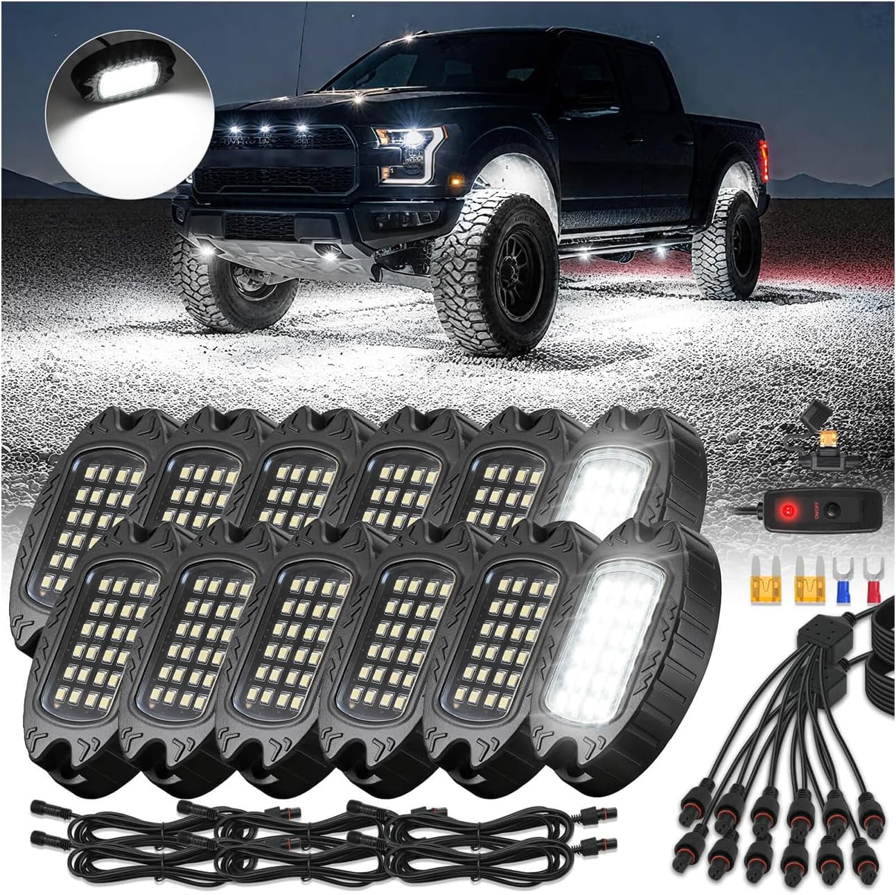 12Pods Housing Plug and Play Pure White Rock Lights Kit with Harness ...